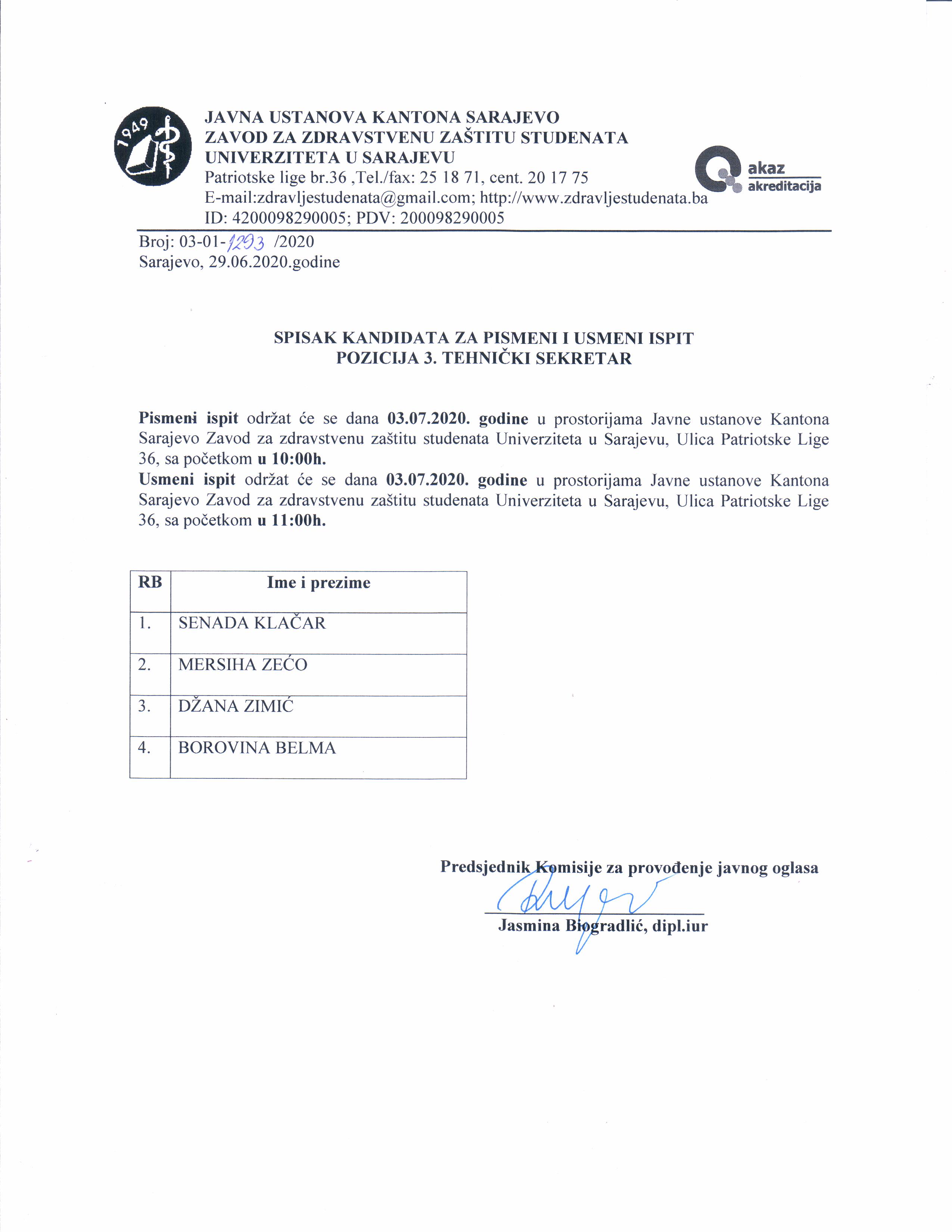 Spisak kandidata za pismeni i usmeni ispit za poziciju 3 – tehnički ...