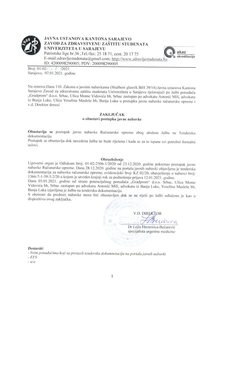 Obustava postupka javne nabavke – JUKS Zavod za zdravstvenu zaštitu studenata Univerziteta u ...